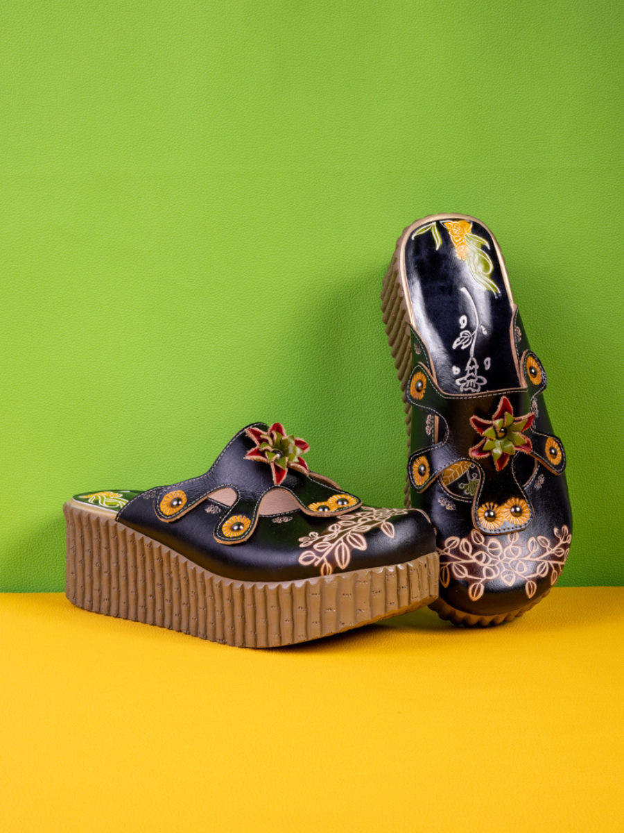 Soffia | Timeless Beauty Floral Embossed Leather Platform Clog – SMAIBULUN