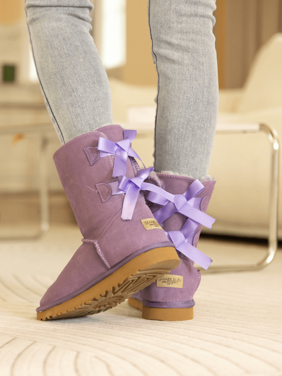 Smaibulun Ugg | Double Ballet Ribbon Bow Suede Shearling Boots - Laven ...
