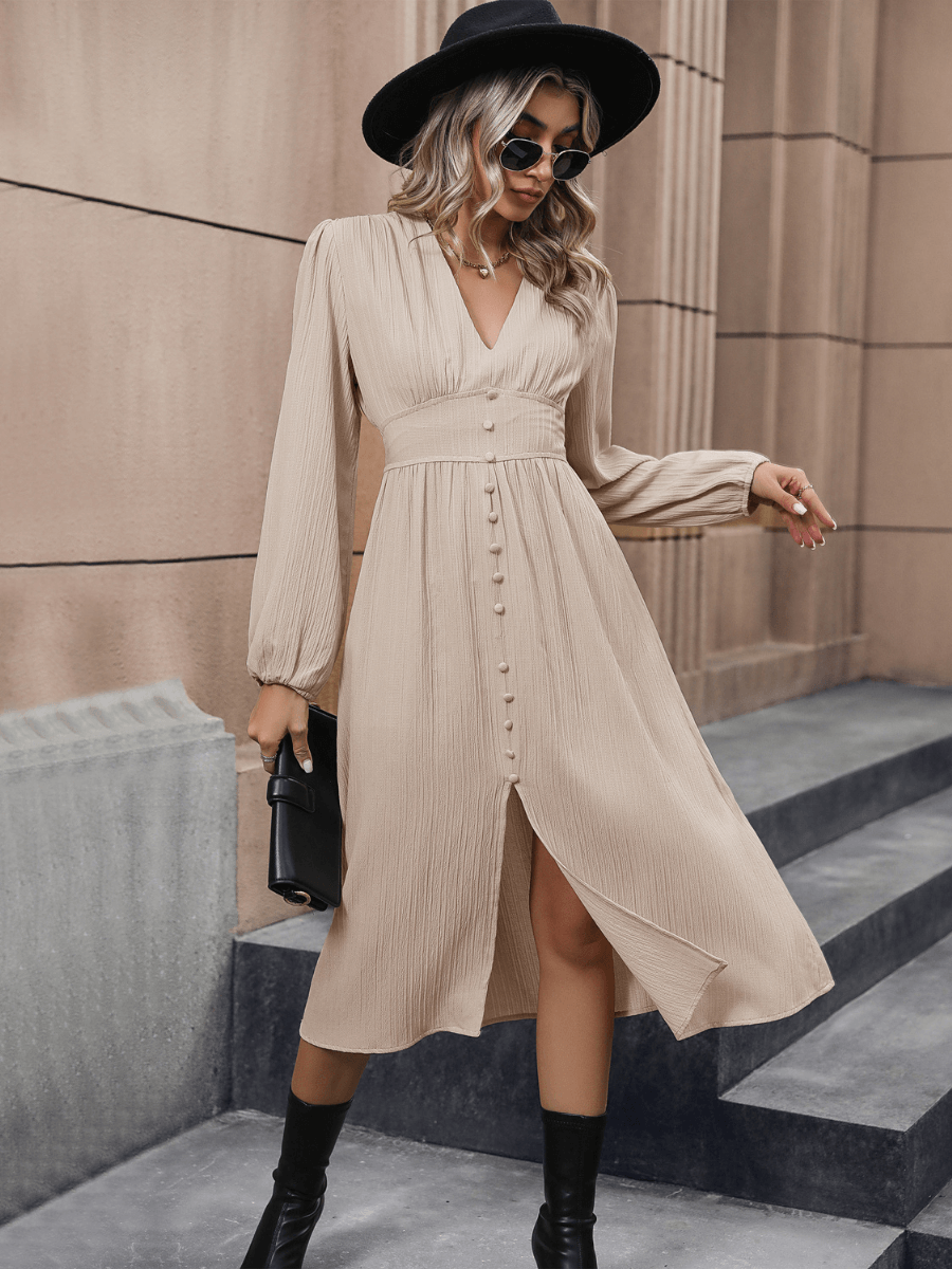 Cleo Button Front Slip Midi Dress - Taupe – SMAIBULUN