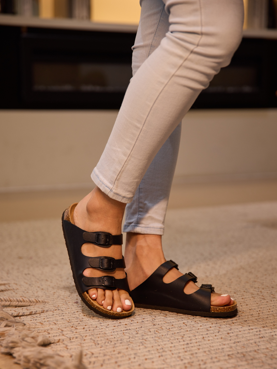 Maibulun | Deidra Tri-Strap Footbed Sandal - Black – SMAIBULUN