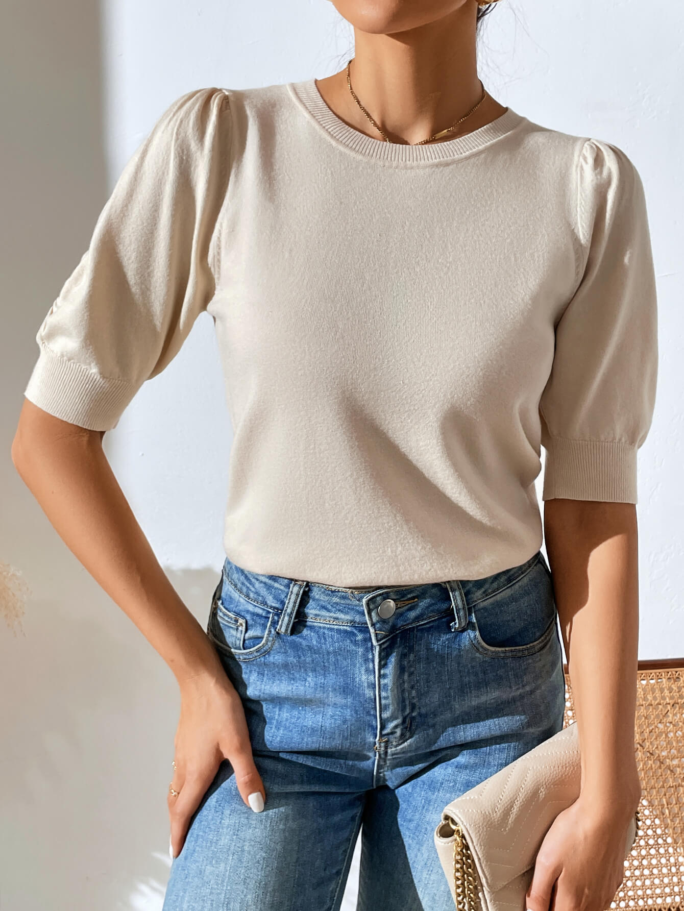 HALO SHORT SLEEVE COTTON BLEND KNIT TOP - BEIGE – SMAIBULUN