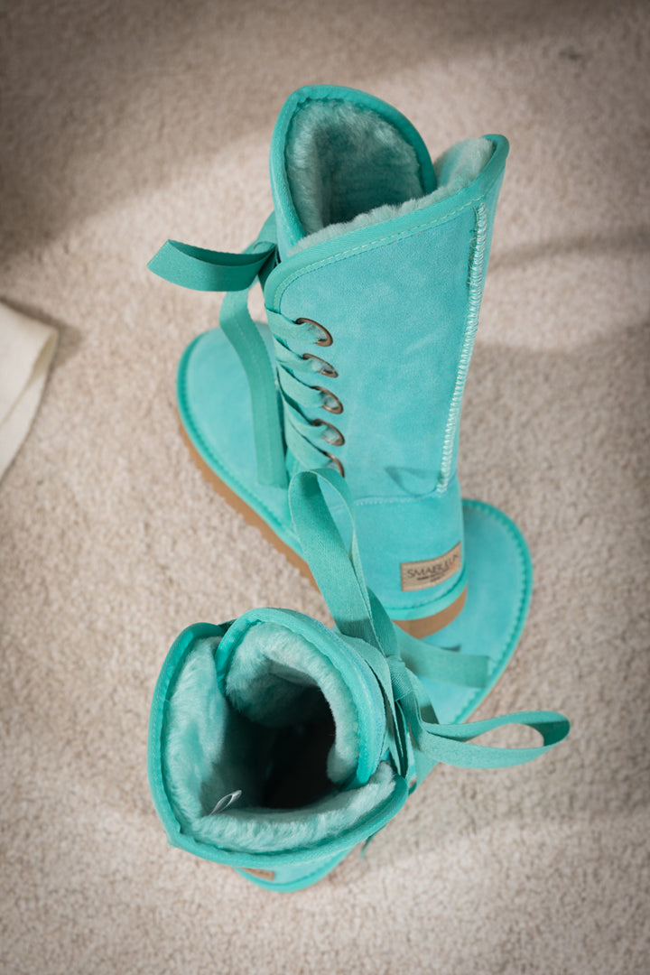 SMAIBULUN Ugg Ribbon Lace Up Faux Fur lined Suede Boot Turquoise